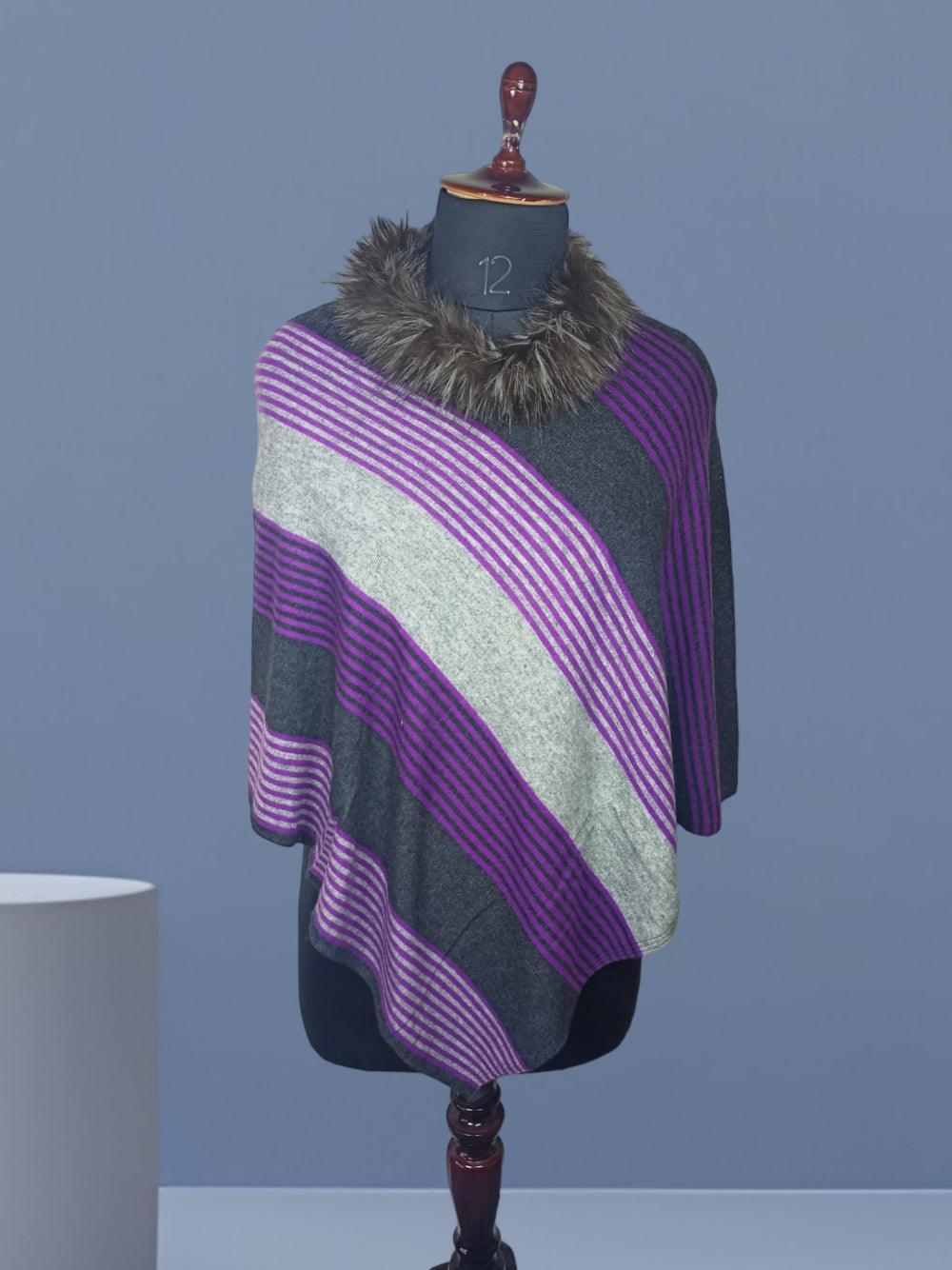 Strip Pashmina Panchu with Fur | Multi Colour